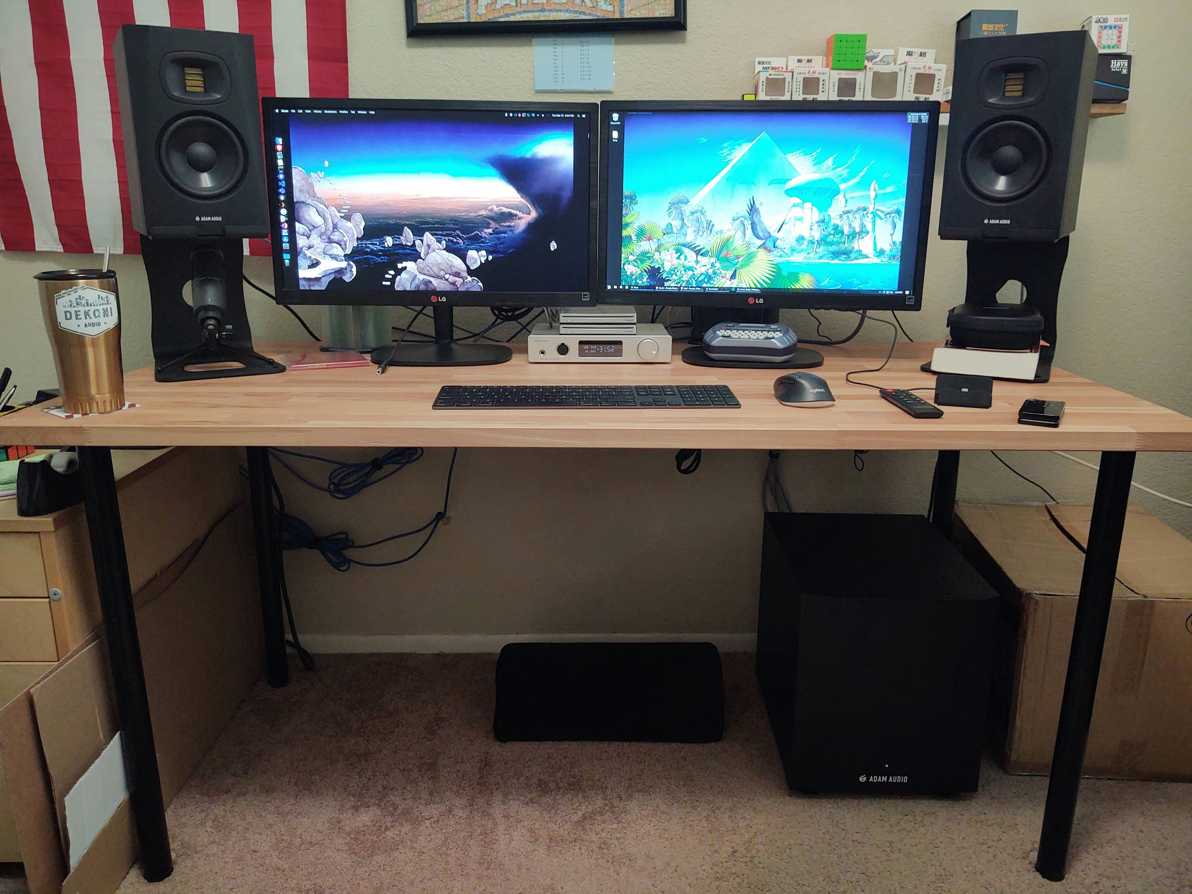 My desktop setup using the Topping DX7s, Adam Audio T5V and T10s. | Drop