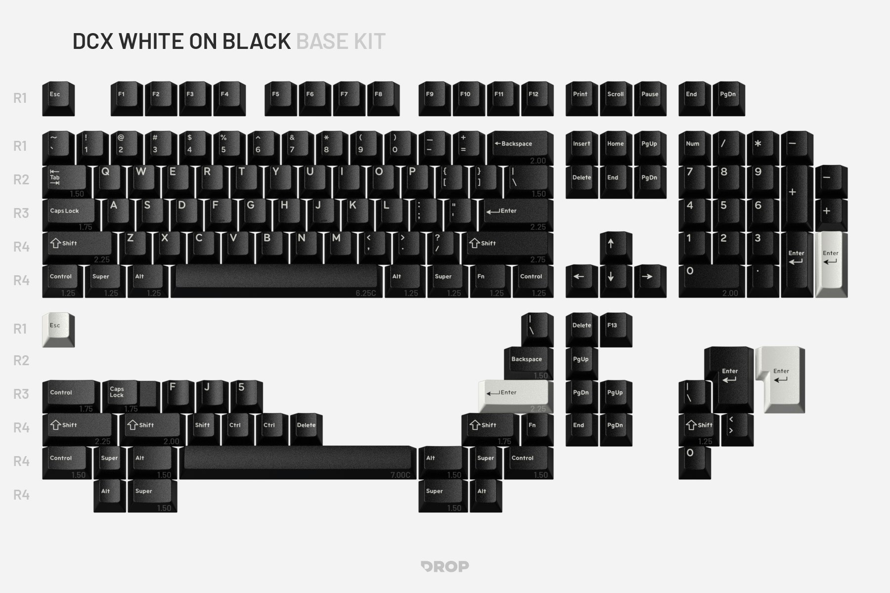 Drop DCX White-on-Black Keycap Set - Space Bars Kit | DCX Profile Keycaps