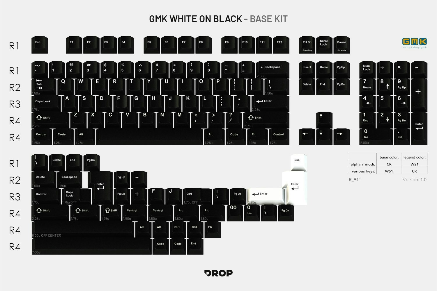 Drop GMK White-On-Black Custom Keycap Set | Doubleshot ABS | Drop